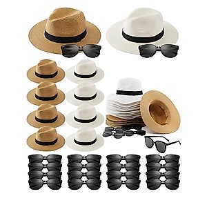 Silicherry 48 Pcs Straw Fedora Hat and Sunglasses Bulk 1920s Panama Style Fedora Eyeglasses for Havana Nights Beach Wedding Guest Gifts Party Supplies