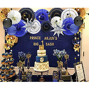 Hanging Party Decoration Supplies Set of Tissue Paper Fans Star Garland Paper Lanterns for Graduation Wedding Anniversary Birthday Backdrop Decoration (Navy Blue White Black)