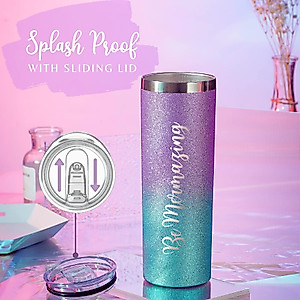 Onebttl Mermaid Gifts for Girls & Women - 20oz/590ml Stainless Steel Insulated Tumbler with Straw & Lid, Message Card - Be Mermazing (Glitter Purple)