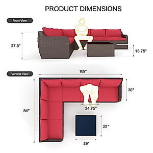 Vicluke 7 Piece Patio Furniture Set, Rattan Wicker Sectional Sofa Set with Ergonomic Curved Armrest, Outdoor Conversation Set with Waterproof Cushion and Glass Table for Garden, Backyard (Red)