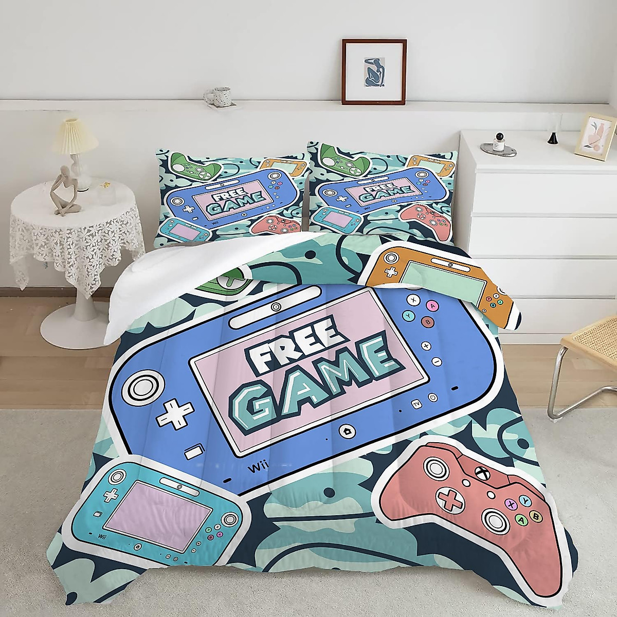 HCHUANG Gamer Comforter Set for Boys Queen Size 3 Piece Gamer Bedding Sets Video Game Bedding Sets for Kids