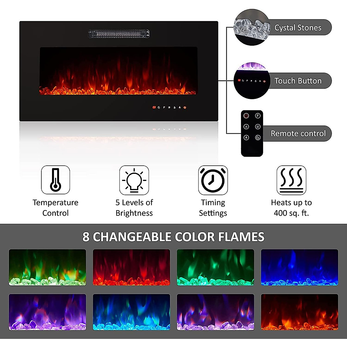 AMERLIFE 68'' Fireplace TV Stand with 40'' Fireplace, Modern High Gloss Fireplace Entertainment Center with LED Lights for TVs up to 78'', TV Console with Glass Shelves for Living Room, White & Black