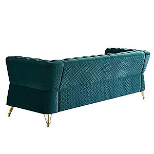 Tmsan 87.4" Velvet Sofa Couch, Mid-Century Modern Chesterfield Loveseat Classic Button Tufted 2 Seater Couch with Golden Legs for Living Room Office Bedroom (Emerald)