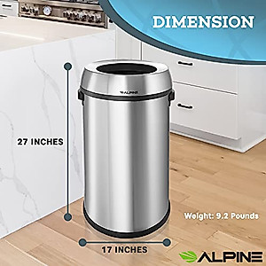 Alpine17 Gallon Stainless Steel Trash Can - Heavy Duty Garbage Bin for Home & Business Wastes (Open Top)