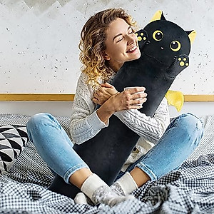 Mewaii Long Cat Plush Body Pillow, 53” Cute Black Cat Stuffed Animals Halloween Plushies, Kawaii Big Squishy Plush Toys Gift for Kids Girls Boys