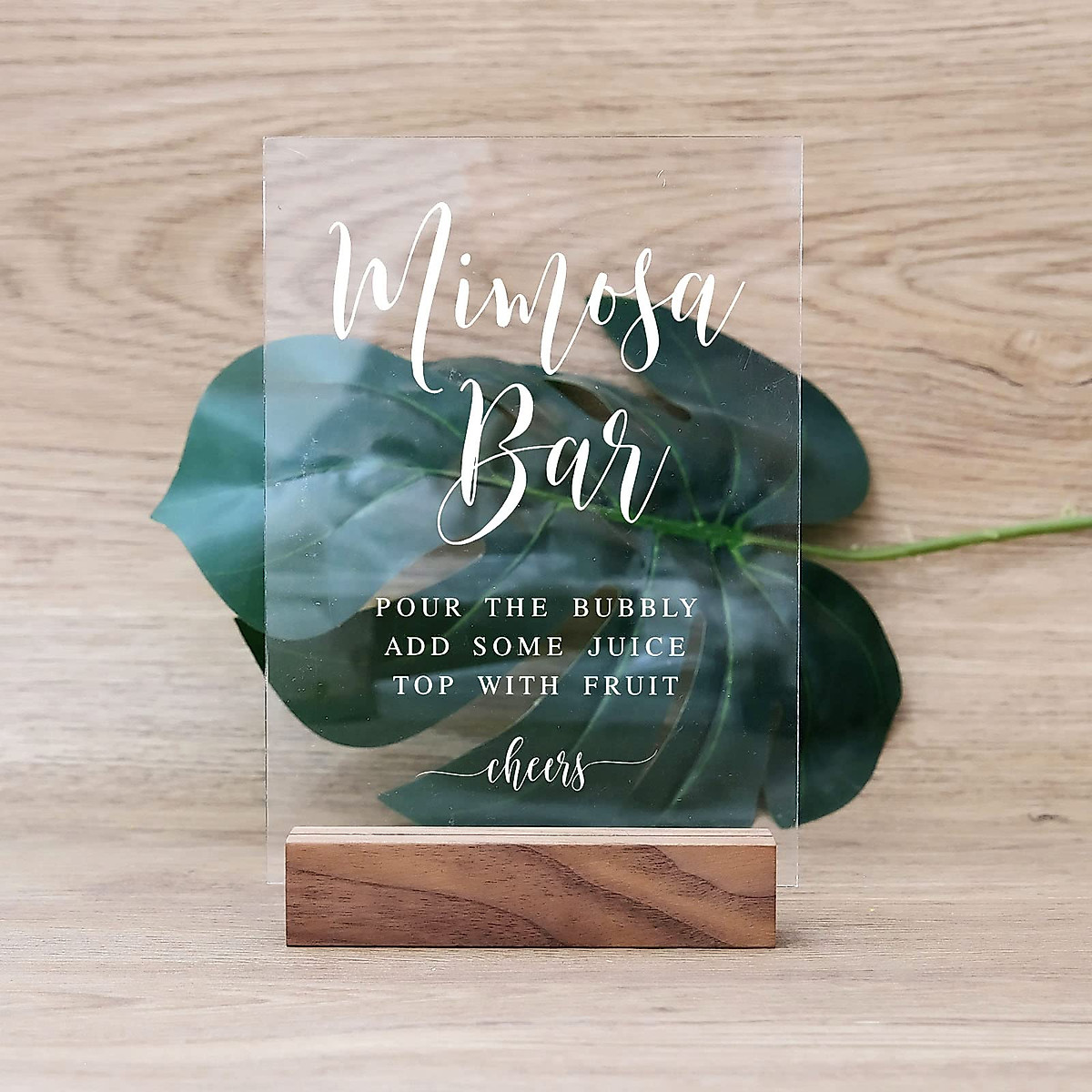 Acrylic Mimosa Bar Sign with Wood Stand- 5” x 7" Glass Look Clear Acrylic Wedding Signage Mimosa Bar with Holder for Wedding Reception & Event Party