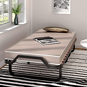 Giantex Rollaway Folding Bed with 4 Inch Mattress for Adults, Foldable Portable Guest Bed with Memory Foam Mattress & Sturdy Metal Frame, Cot Size Fold up Bed on Wheels, Easy to Store, Made in Italy