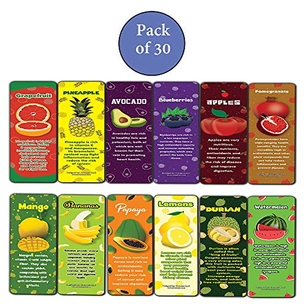 Creanoso Healthy Fruits Bookmarks (30-Pack) – Cool Gift Token for Kids, Boys & Girls, Teens – Party Favors Supplies – Book Reading Rewards Incentive – Great Giveaways Set – Page Binder