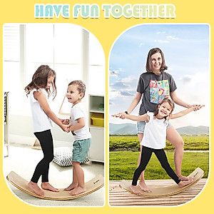 Goplus Wobble Board, 35Inch Wooden Balance Board for Kids & Adults Support 660LBS, Toddler Open-Ended Learning Toy Yoga Curvy Rocker Board for Balance Training, Home Exercise (15.5 INCH Width)