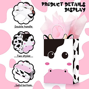 Nezyo 16 Set Cow Party Favors Bag with Tissue Paper and Stickers, Cow Print Gifts Bags with Handles, Farm Themed Goodie Treat Candy Kraft Paper Bags for Kids Cow Farm Animals Birthday Party Supplies