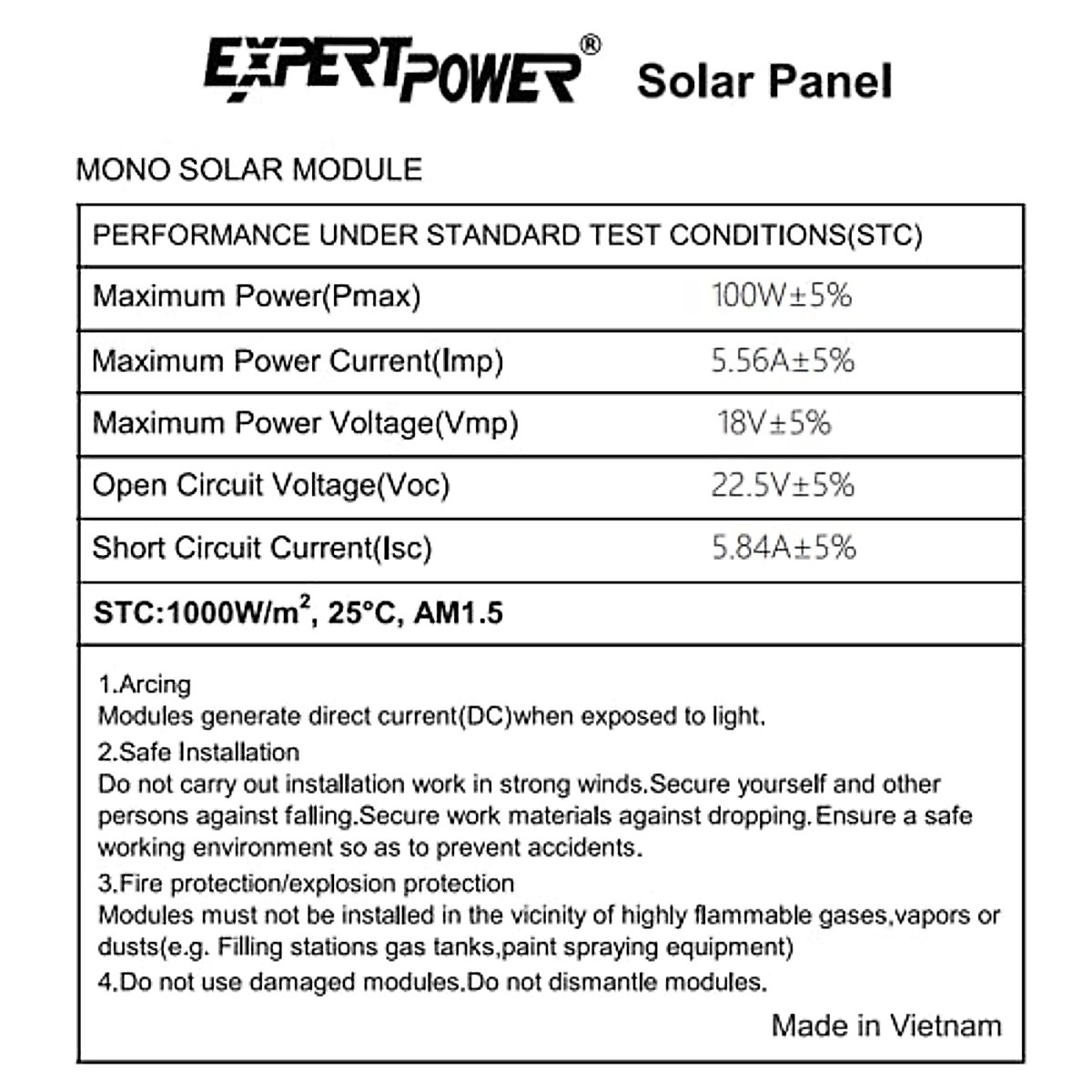 ExpertPower 100 Watt 12 Volt Monocrystalline Solar Panel, Compact Design 40.16 X 20.08 X 1.38 in, High Efficiency Module PV Power for Battery Charging Boat, Caravan, RV, Off Grid Applications