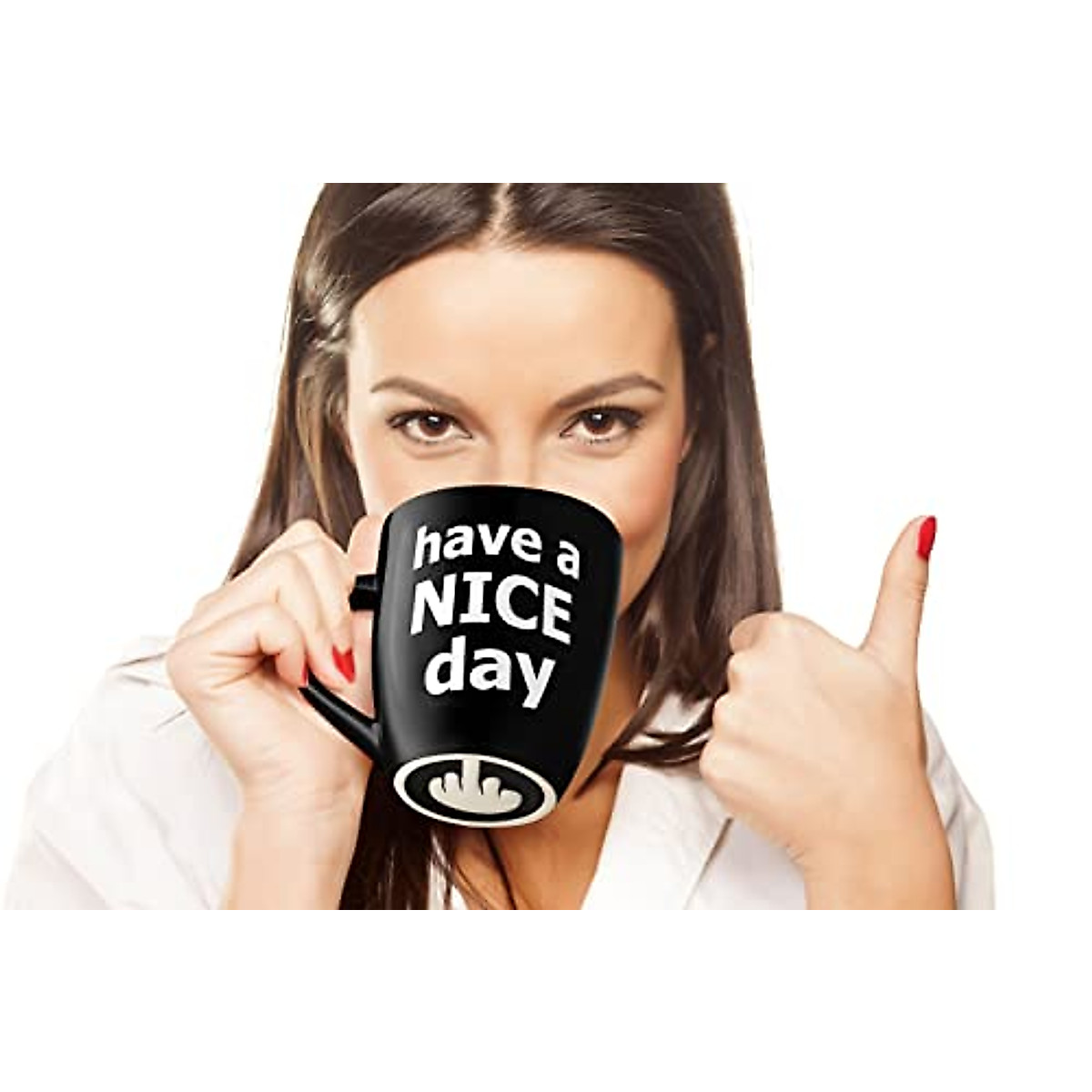 Decodyne Have a Nice Day Funny Coffee Mug, Funny Gifts for Women and Men with Middle Finger on the Bottom - 14 oz. (Black)