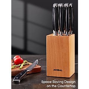 Aiheal Steak Knives Set of 8 with Beech Knife Block, 4.5 Inch Steak Knives with Unique Damascus Pattern, Non Serrated Stainless Steel Steak Knife Set, Full Tang Handle Design for Kitchen Dinner