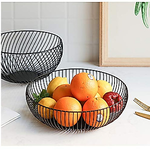 Cq acrylic Metal Wire Fruit Basket,Large Round Storage Baskets for Bread,Metal Wire Bread Fruit Bowl Vegetable Stand Holder for Snacks,Modern Fruit Bowl Decorate Kitchen Counter,Black