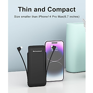 Metecsmart Portable Charger Power Bank with Built in Cable and AC Wall Plug, 10000mAh Fast USB C Phone Charger, Slim Thin Mini Charging Battery Pack Compatible with Smartphones and All USB-C Devices