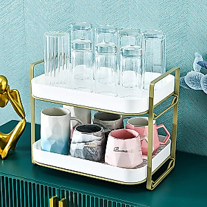 2-Tier Cups Mugs Drying Rack with Drain Tray, Tableware Fruit Storage Rack, Kitchen Countertop Organizer Shelf Tea Tray for Water Coffee Glass Cup Bowls Food and Seasoning Jar Holder (White)