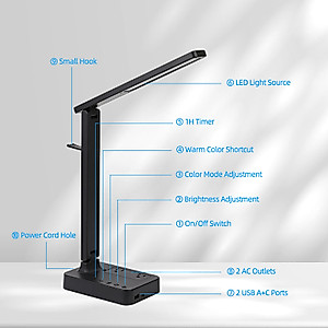 ELCBEAM LED Desk Lamp,Dimmable Table Lamp Reading Lamp with Charging Port and Outlet,3 Color Modes 3 Brightness Level,Touch Control,1H Timer,Eye Caring Office Lamp (Black)