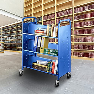 BestEquip Book Cart, 200LBS Library Cart, 49.2''x35.4''x18.9'' Rolling Book Cart, Double Sided W-Shaped Sloped Shelves with Lockable Wheels for Home Shelves Office School Book Truck Blue