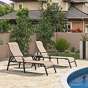 PURPLE LEAF Chaise Lounge Chairs for Outdoor 3 Pieces Cast Aluminum Sunbathing Lounge Chair for Patio Lawn Pool Luxury Tuscan Style Patio Lounge Chair（Khaki）