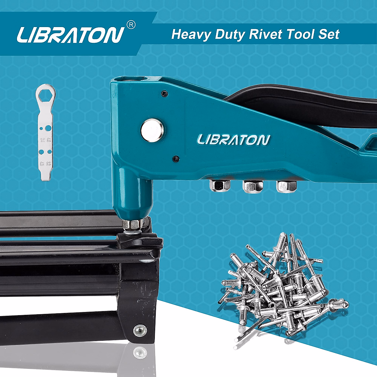Libraton Heavy Duty Rivet Gun, Pop Rivet Gun Set, Professional Hand Riveter, Manual Riveting Tool with 110Pcs Rivets and 4 Interchangeable Heads, for Metal, Wood and Plastic