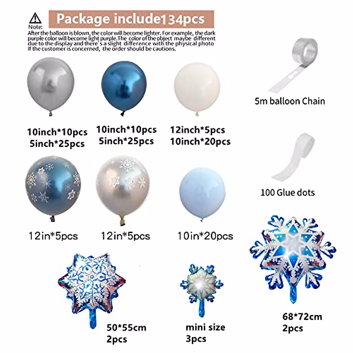 132PCS Ice Snow Queen Metal Balloons Double Layer Snowflake Decoration Balloons Garland Arch Kit For Birthday Party Decorations Supplies Baby Shower Wedding Christmas Home Party Ballons Decoration