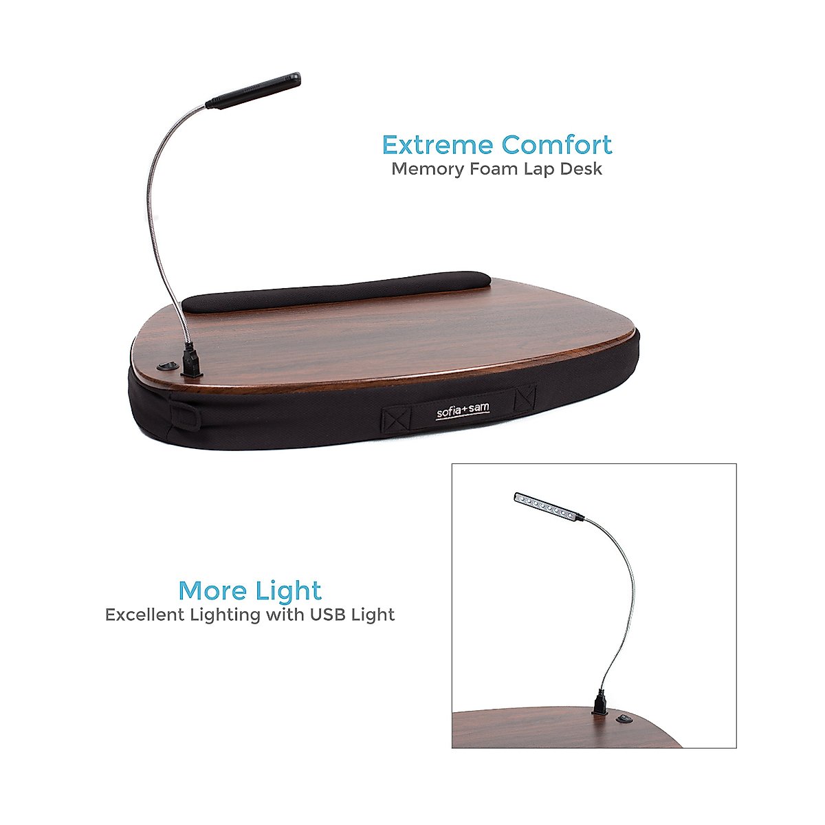 Sofia + Sam Oversized Lap Desk with Memory Foam Cushion | Detachable USB Light | Fits Laptops Up to 20" | Brown and Black | Computer Lap Tray | Laptop and Writing | Bed Table