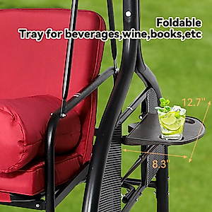 QUYZE 2 in 1 Outdoor Porch Swing, Outdoor Swing with Canopy, 3-seat Porch Swing with Stand Convertible Backrest Swing Bed w/Cup Holders for Front Porch Lawn Cushion and Pillows Included, Wine Red
