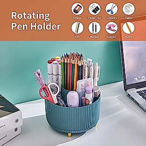 Marbrasse Desk Organizer, 360-Degree Rotating Pen Holder for Desk, Desk Organizers and Accessories with 5 Compartments Pencil Organizer, Art Supply Storage Box Caddy for Office, Home （Dark Green）