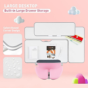 COSVALVE Premium Kids Study Desk and Chair Set,Adjustable Girls School Writing Study Table,Ergonomic Desk Chair with Large Writing Board Pull Out Drawer Bookstand Pink