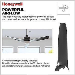 Honeywell Ceiling Fans Lynton, 52 Inch Indoor Outdoor Ceiling Fan with Color Changing LED Light, Remote Control, Matte Black High Performance Blades, Reversible Airflow - 51854-01 (Black)