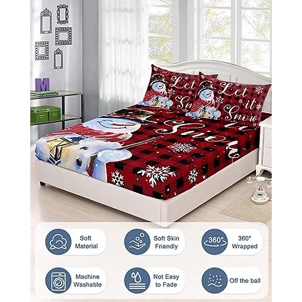 Full Size Fitted Sheet Bed Set Christmas Winter Snowman Cardinal Deep Pocket Soft Bottom Sheets&Pillowcases for Bedroom Decor Red and Black Buffalo Plaid,Fits Mattress Up to 16" Deep