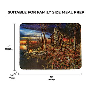 Rivers Edge Products Large 12in x 16in Decorative Tempered Glass Cutting Board, Hypoallergenic, Non Slip, Textured Surface Chopping Board for Kitchen, Cabin in the Woods, Cabin Scene