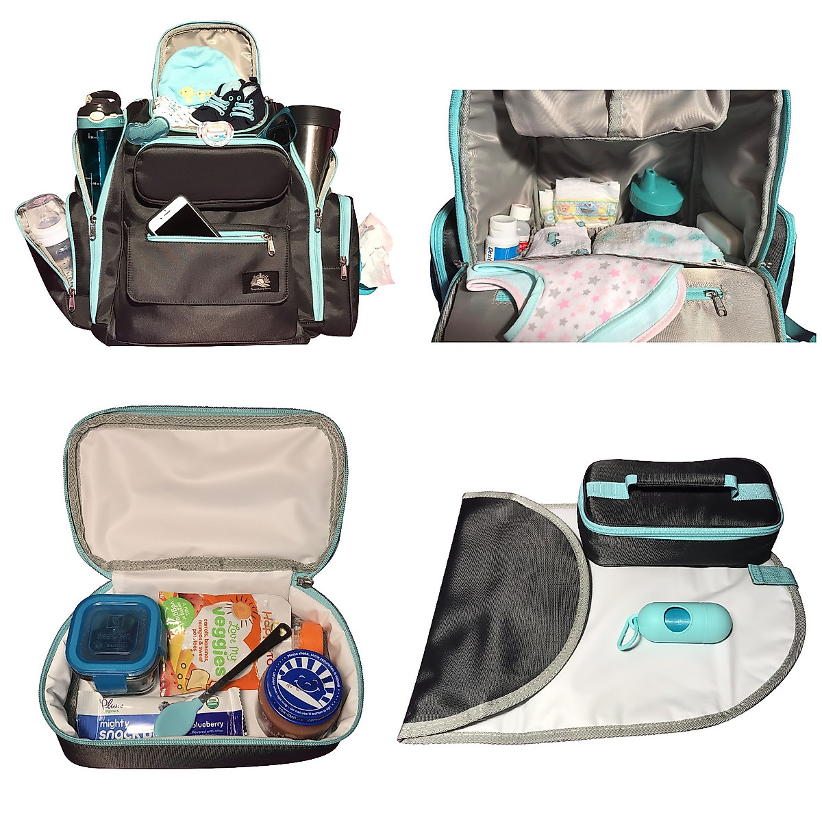 Tangerine Views Diaper Bag Backpack - 4pcs: Spacious Gender Neutral Colors w/Changing Pad, Stroller Straps, Food Snack Pack, and Waste Bag Dispenser w/Bags, Dark Gray With Teal, Large