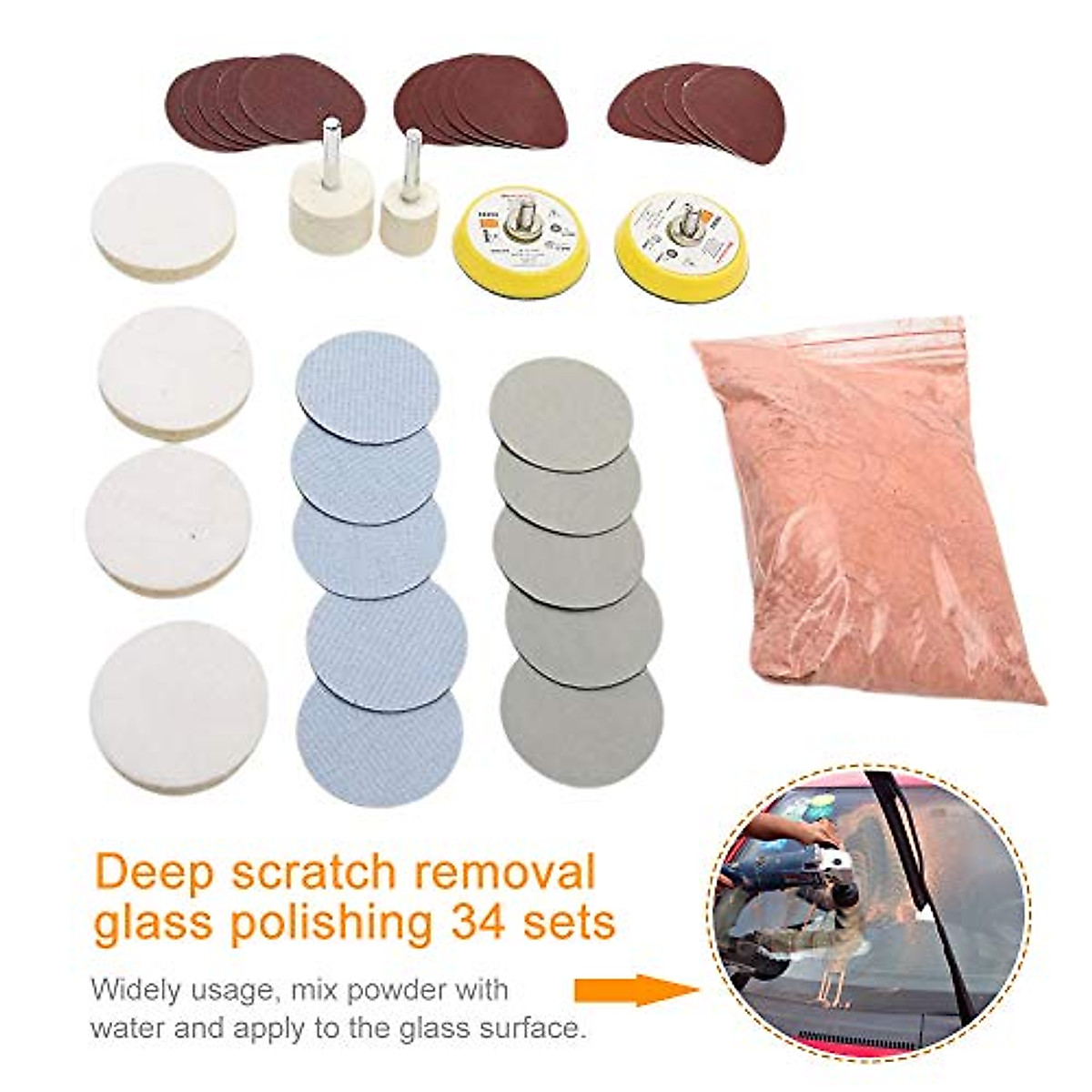 WOOPOWER Glass Polishing Kit, 34Pcs/Set Scratch Removal Set Deep Scratch Remover Window Repair Tool, Felt Polishing Pad for Windscreen and Glass