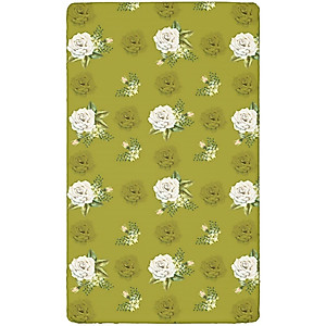 Rose Flower Themed Fitted Mini Crib Sheets,Portable Mini Crib Sheets Soft & Stretchy Fitted Crib Sheet-Crib Mattress Sheet or Toddler Bed Sheet,24“ x38“,Dark Khaki Olive Green