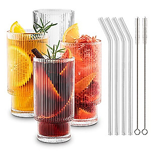 Gracenal Under Sink Organizer, Kitchen Organizers and Storage 1 Pack & Ribbed Glass Cups with Straws 12oz, Drinking Glasses Set of 4