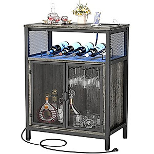 Unikito Wine Bar Cabinet with RGB Light and Outlet, FreeStanding Wine Rack Table, Liquor Cabinet with Glass Holder, Floor Bar Cabinet for Liquor and Glasses for Home Kitchen Dining Room, Black Oak