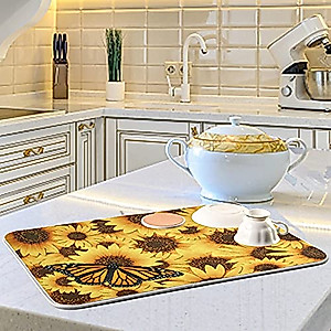 Monarch Butterfly Dish Drying Mat Small for Kitchen Counter, Fast Absorbent Sunflower Tableware Pad Baby Bottle Rack Drainer Mats Sink Decor 16x18 inches