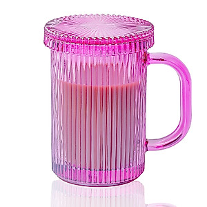 G Meridian Glass Coffee Mug with Lid 11.3 oz with Lid can be usded as Coaster for Latte Chocolate Americano Milk Oats Yoghurt Iridescent Dark Pink