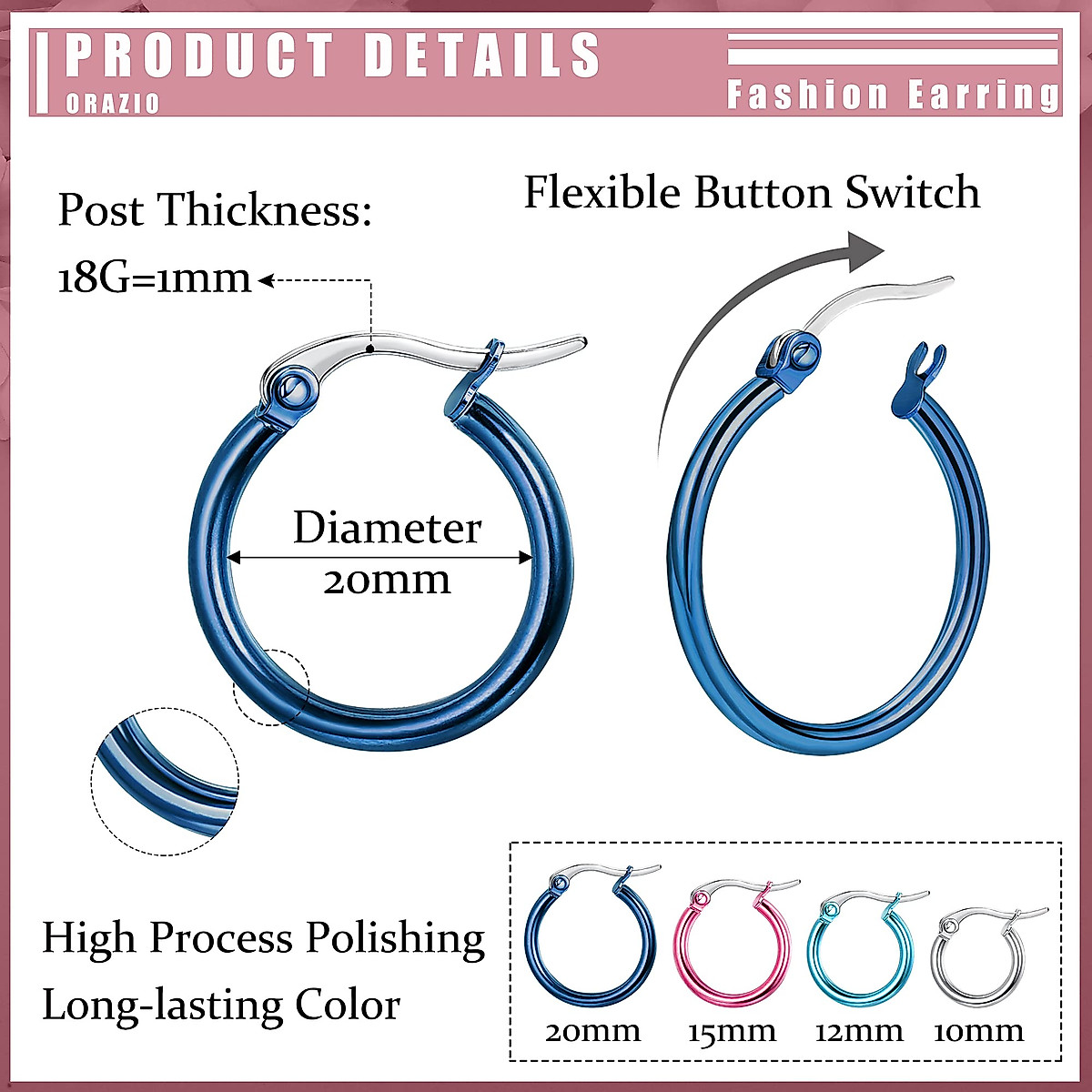 Sanfenly 12 Pairs Stainless Steel Hoop Earrings Small Hoop Earrings for Women Hypoallergenic Multi Colored Silver Gold Plated Hoop Earrings Set (10mm,12mm,15mm,20mm)