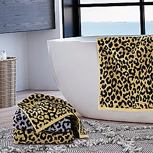 Luxury Leopard Bath Towel Sets for Women Girls Yellow Black Large Ultra Soft 100% Cotton 1 Bath Towels Sheets 1 Hand Towels 1 Washcloths Highly Absorbent for Adults Women Face Body (Yellow)