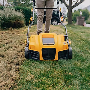 Rock&Rocker 2-in-1 16INCH Dethatcher Scarifier, 15 Amp Electric Lawn Dethatcher, 5 Working Depth Adjust, 48.4QT Removable Collection Bag, for Lawn Health, Yellow (REDM16A)