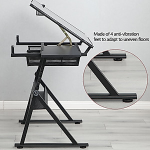 KNAMOTL Drawing Printing Table with Drawer Chair, Adjustable Tempered Glass Drawing Table for Office School, Artist, Architect, Black