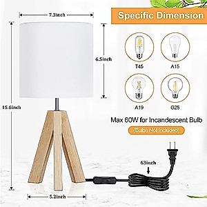 Small Beside Table Lamp, Wood Tripod Table Lamp with White Fabric Shade, Cute Boho Nightstand Lamp, Minimalist Desk Lamp for Bedroom, Living Room, Nursery, Kids Room, Office, Dorm, Bulb Not Included