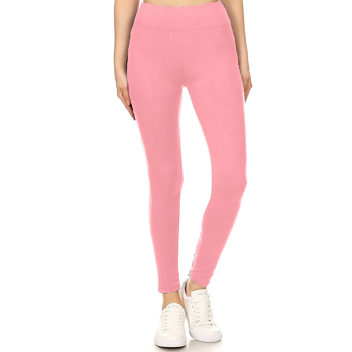 Leggings Depot Women's 3" Waistband Yoga High Waisted Solid Leggings Pants (Full Length, Pink, One Size)