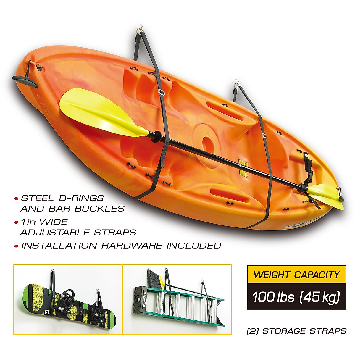 FITOOL Kayak Storage System, Canoes Wall Rack Holders, Adjustable Storage Straps Garage Hangers, 100LBS(45KGS) Weight Capacity, Skiing Board, Ladder, Canoes, Kayak Wall Mount Storage System