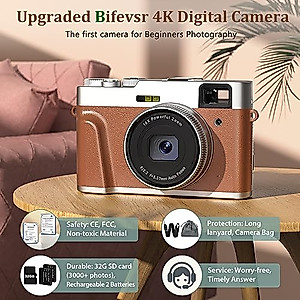 Upgraded 4K Digital Camera with SD Card Autofocus, 48MP Digital Camera with Flash Viewfinder & Dial, Vlogging Camera for Photography and Video Anti-Shake, Compact Travel Camera 16X Zoom (2 Batteries)