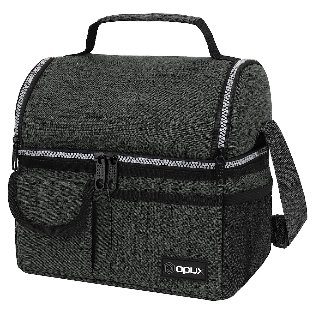 OPUX Lunch Box for Men, Adult Lunch Box Cooler, Insulated Lunch Bag Women, Dual Compartment Lunchbox for Work, Leakproof Double Decker Lunch Bag, Soft Lunch Pail Tote Boys Girls Kids School, Dark Gray