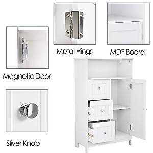 OQSC 39.4 Tall White Bathroom Floor Cabinet Freestanding Storage Cabinet Side Storage Organizer with 3 Drawers&1 Cupboard&1 Shelf for Bathroom Living Room Entryway