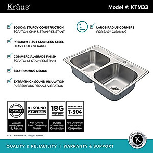 Kraus KTM33 33 inch Topmount 50/50 Double Bowl 18 gauge Stainless Steel Kitchen Sink